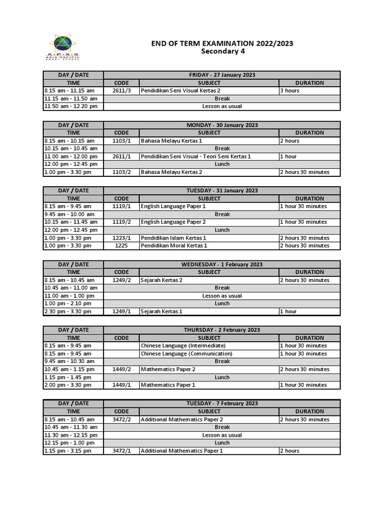 End of Term Exam Timetable 20222023 | PDF | Science