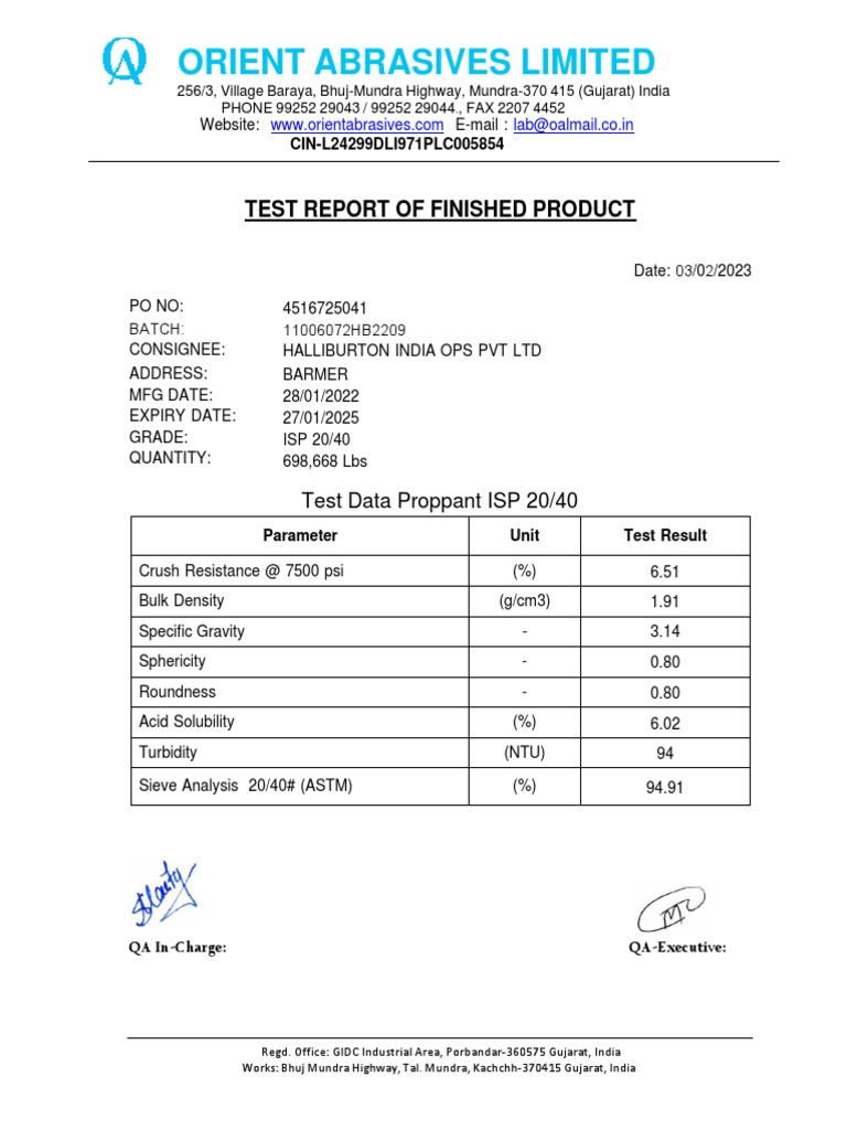 Test Report for ISP 20/40 Proppant | PDF