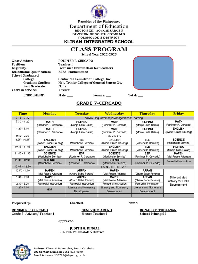 Class Program Jhs 2022 2023 | PDF | Learning | Behavior Modification