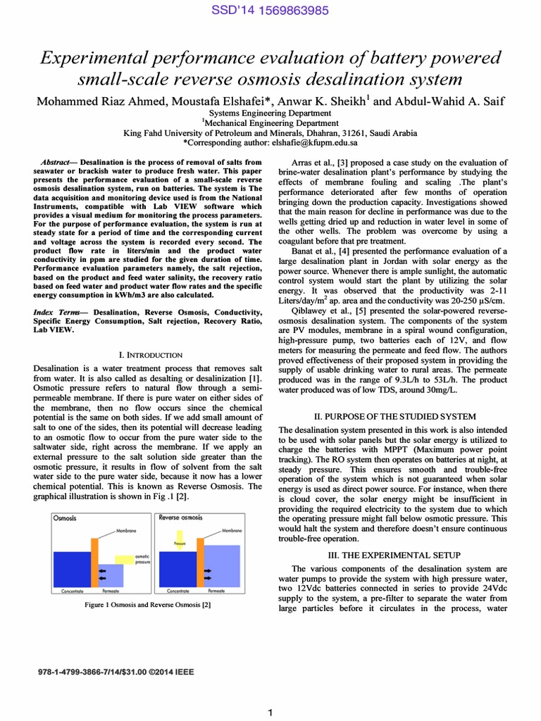 Experimental Performance Evaluation of Battery Powered | PDF | Desalination | Membrane