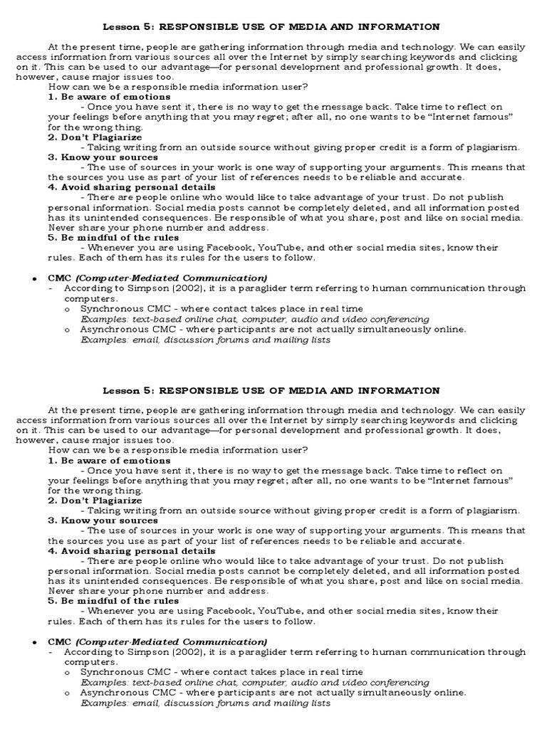 Lesson 5 (5 & 6) - Responsible Use of Media and Information | PDF ...