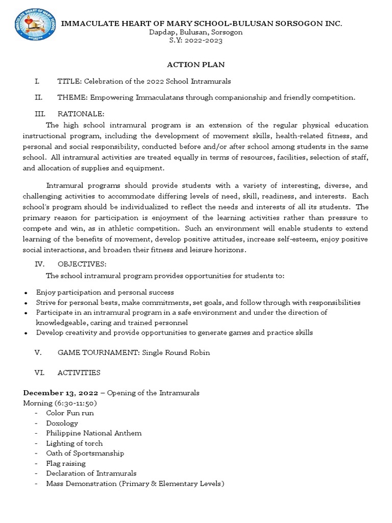 Action Plan For Intramurals | PDF | Sports | Entertainment