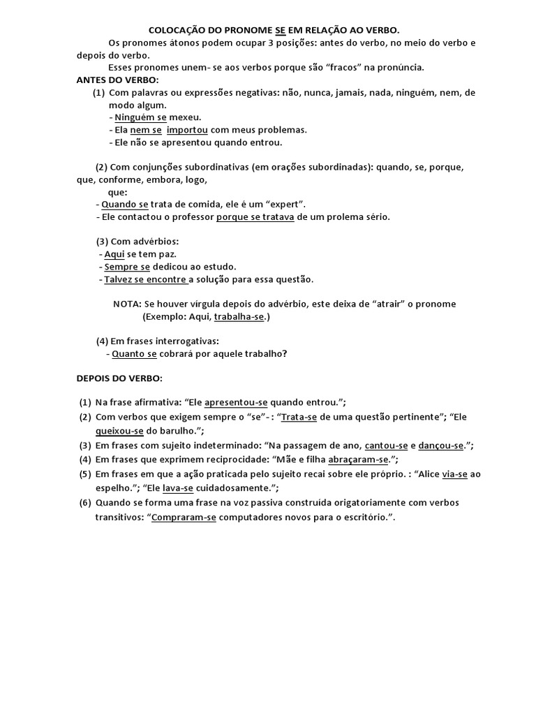 Pronomes Pessoais - Colocação - Se | PDF