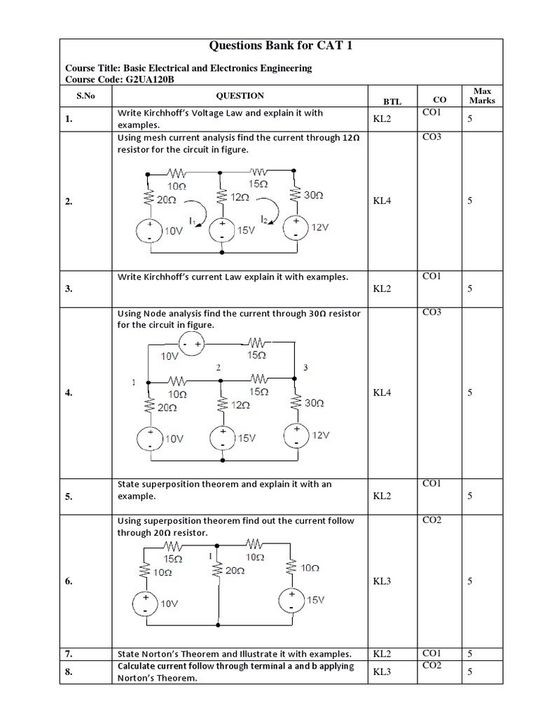 Cat-I QB Beee - 1 | PDF | Electrical Network | Electronic Engineering