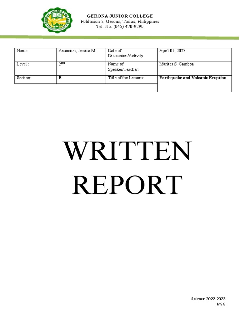 Earthquake and Volcanic Eruption Written Report | Download Free PDF ...