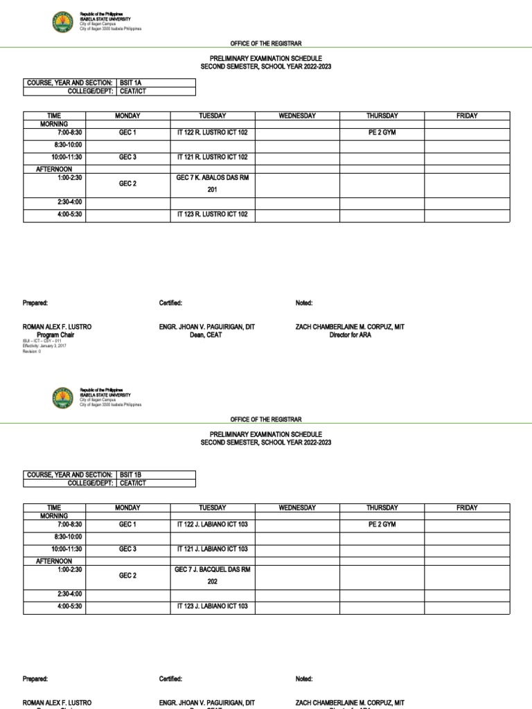 IT Prelim Exam Schedule 2nd Sem 22 23 | PDF | Schools | Educational ...