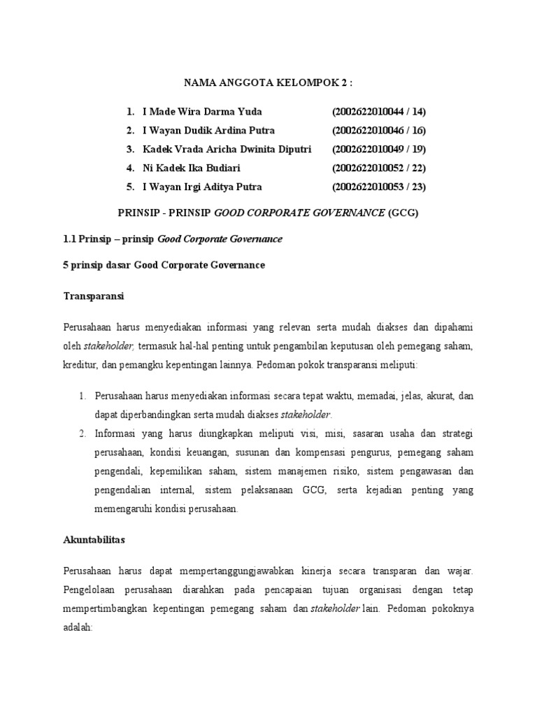 RMK CPMK 3 Kelompok 2 Prinsip - Prinsip GCG | PDF
