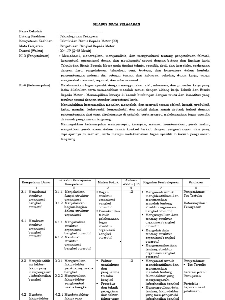 Silabus C3 Mapel Pengelolaan Bengkel Sepeda Motor | PDF | Komputer