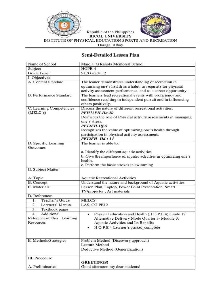 LP Aquatics | PDF | Learning | Lesson Plan