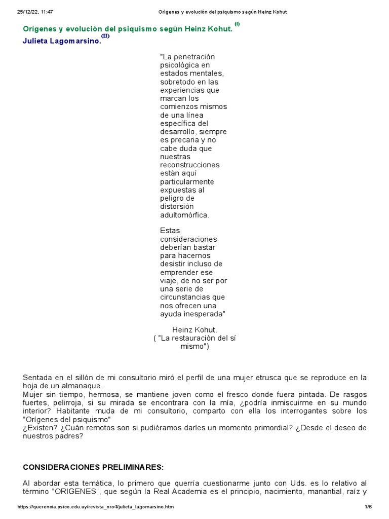 Orígenes y Evolución Del Psiquismo Según Heinz Kohut | PDF | Carné de ...