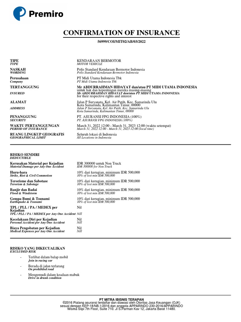 Confirmation of Insurance: PT Mitra Ibisnis Terapan | PDF