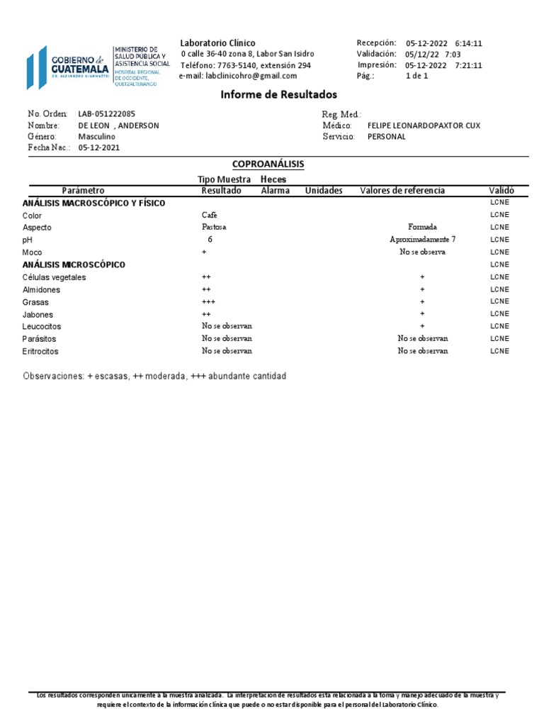 Informe de Resultados: Coproanálisis | PDF | Medicina CLINICA ...