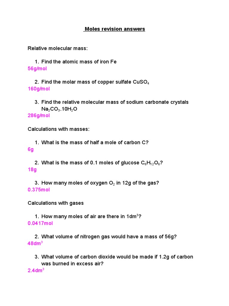 Y10 Moles Revision Questions Answers | PDF | Oxide | Mole (Unit)