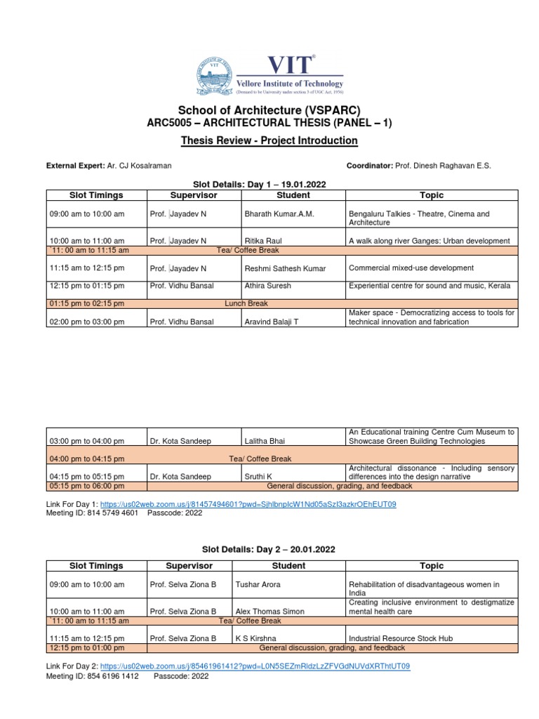 Thesis Review - 1 All Panels - Schedule and Meeting Link | PDF