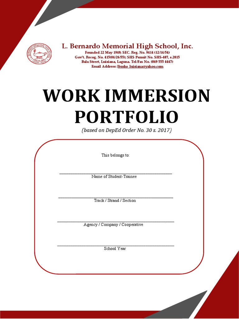 WORK IMMERSION PORTFOLIO Based On DepEd | PDF | Job Interview | Curriculum