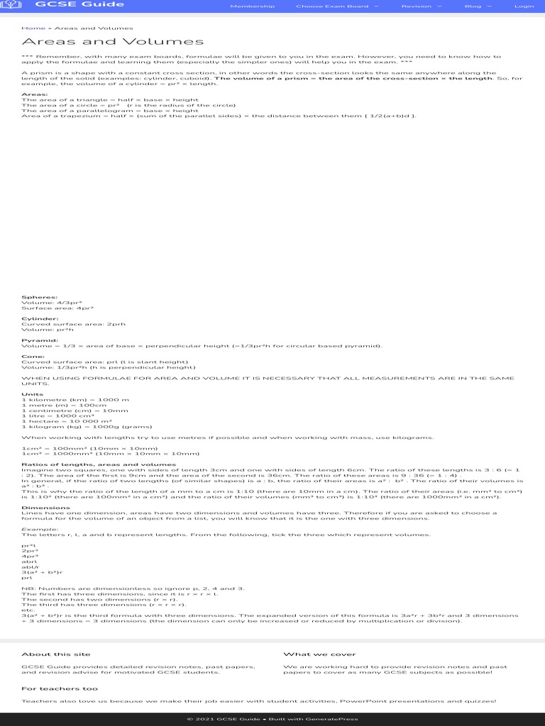 Areas And Volumes Volume Surface Area GCSE Maths Study Guide PDF