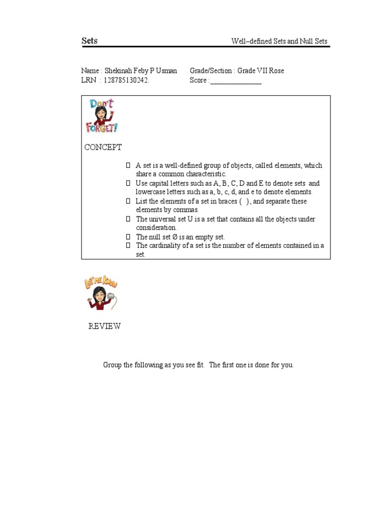 LESSON 1A - Well-Defined Sets and Null Sets | PDF | Bracket | Set (Mathematics)