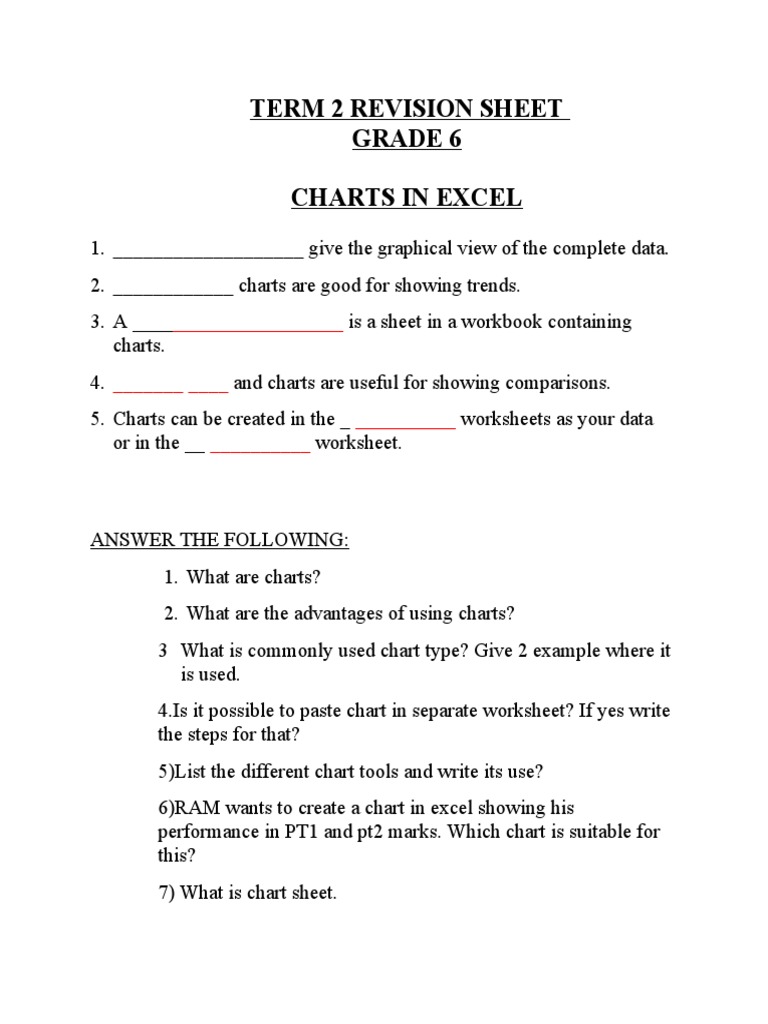Grade 6 Revision Sheet: Creating and Analyzing Charts in Excel to ...