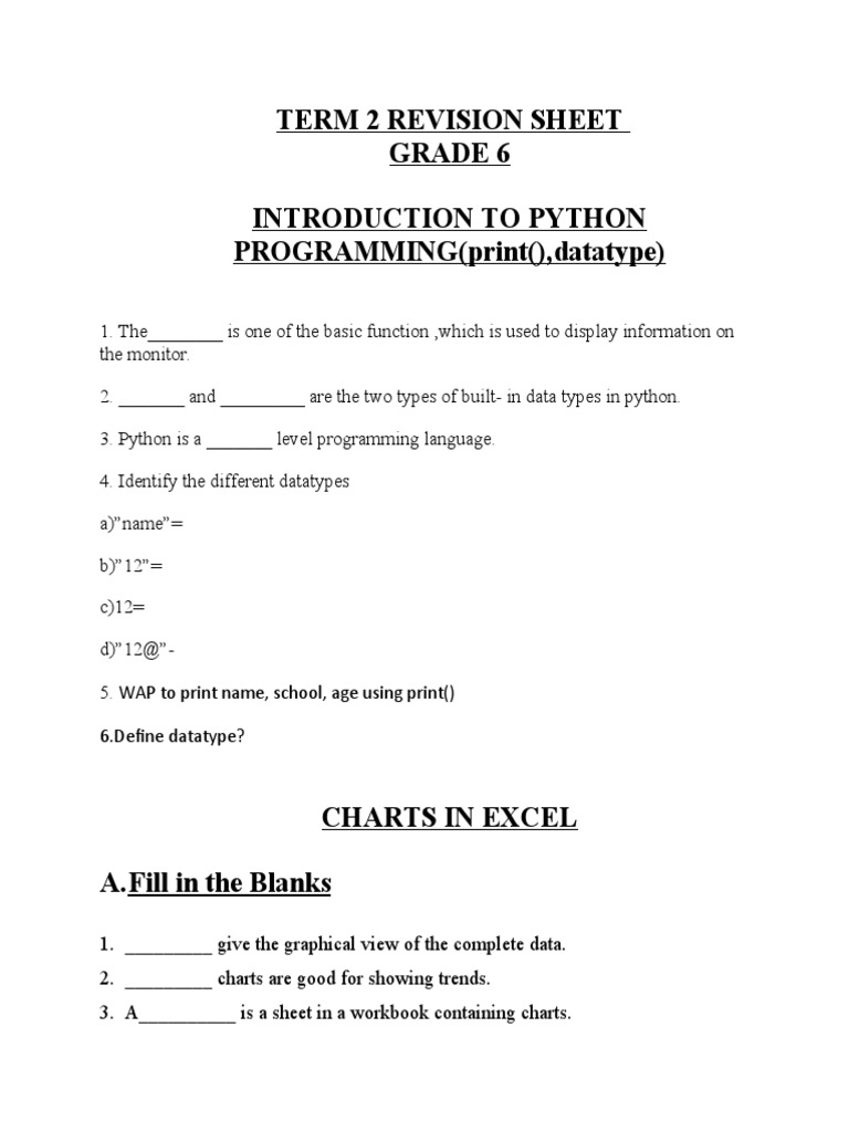 Grade 6 Revision Papers - Answers 2022 | PDF | Microsoft Excel | Chart
