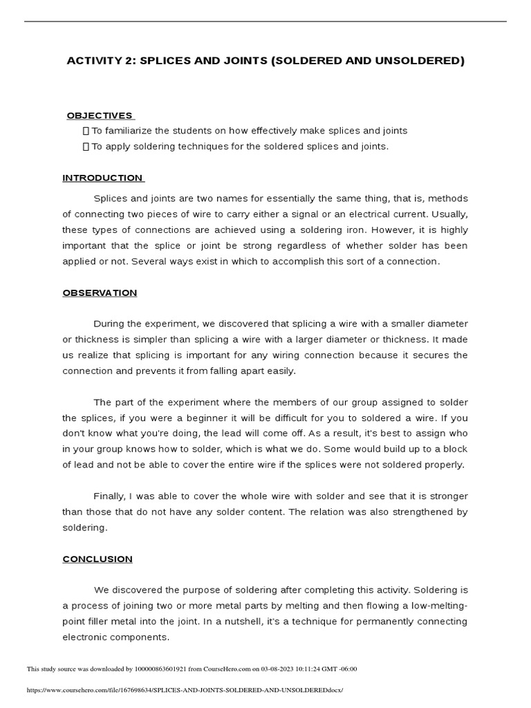 Activity 2: Splices and Joints (Soldered and Unsoldered) : Objectives | PDF | Soldering ...