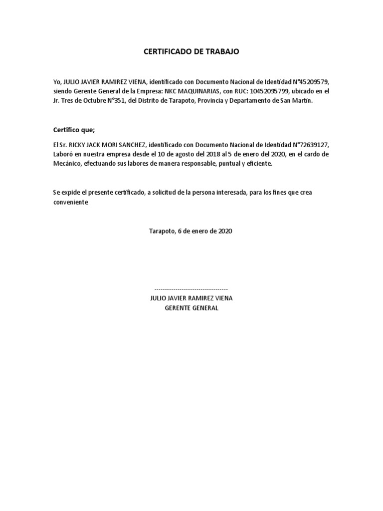 Certificado de Trabajo: Certifico Que | PDF