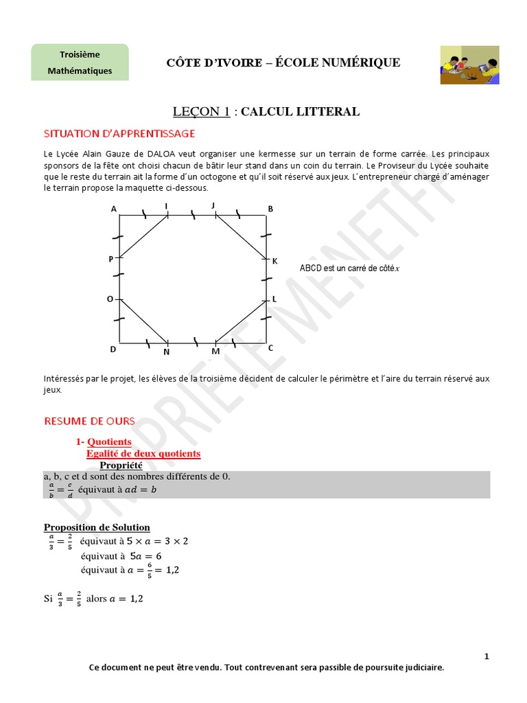 Calcul Littéral en 3ème : Cours et Exercices | PDF | Multiplication ...