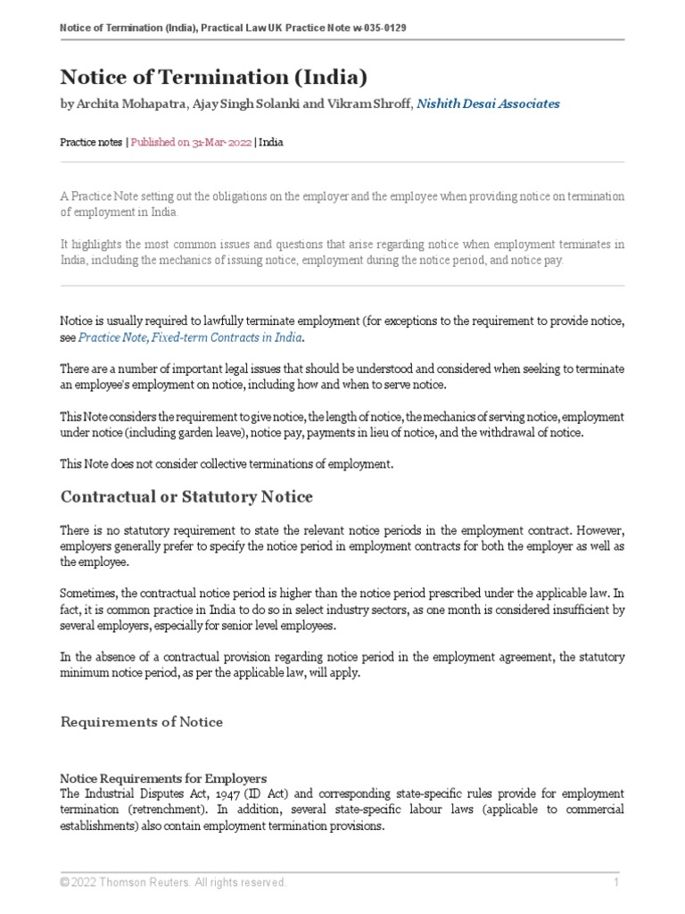 Notice of Termination (India) : Contractual or Statutory Notice | PDF ...
