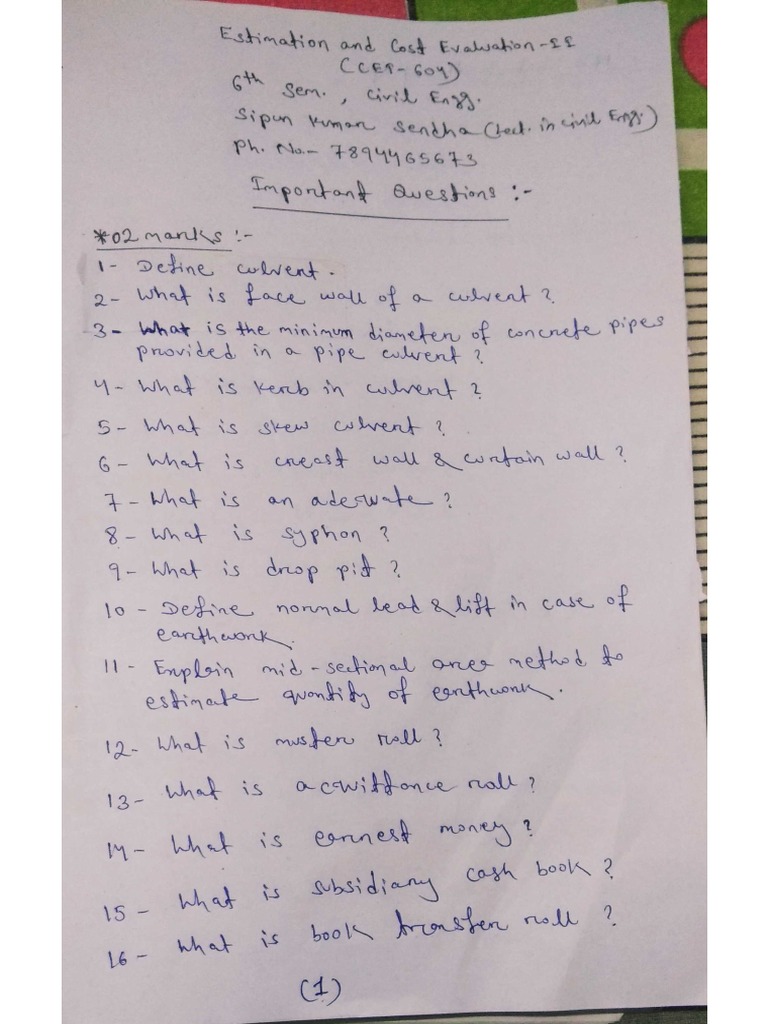 6th Sem - Civil Engg - Estimation and Cost Evaluation-II - Model Question | PDF