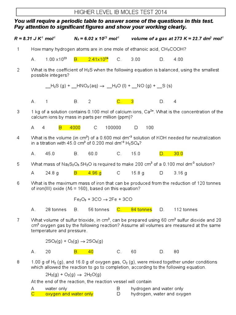Moles Test | PDF | Mole (Unit) | Sets Of Chemical Elements