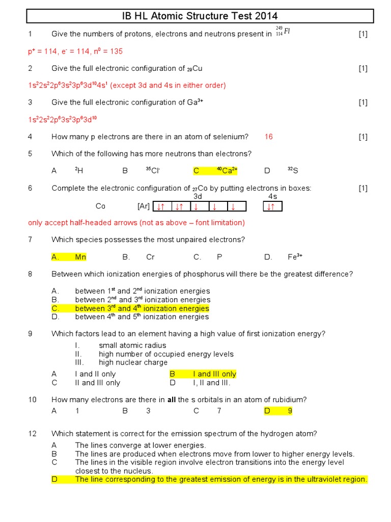 Atomic Structure Test Markscheme | PDF | Energy Level | Chemistry