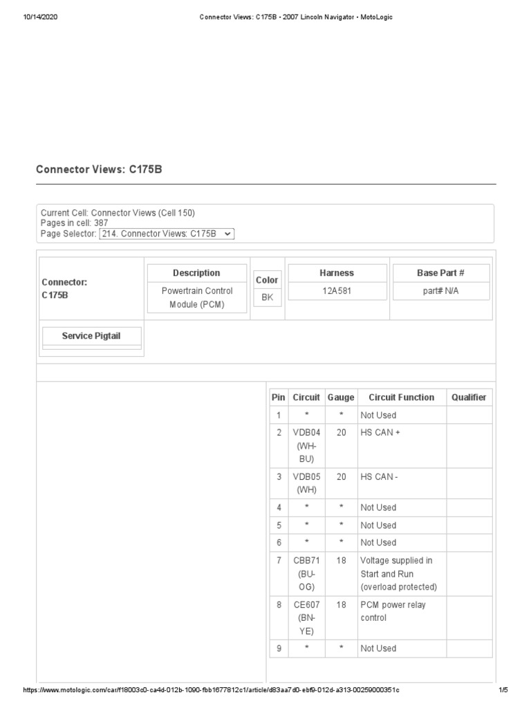Connector: C175B Description Color Harness Base Part # | PDF | Throttle ...