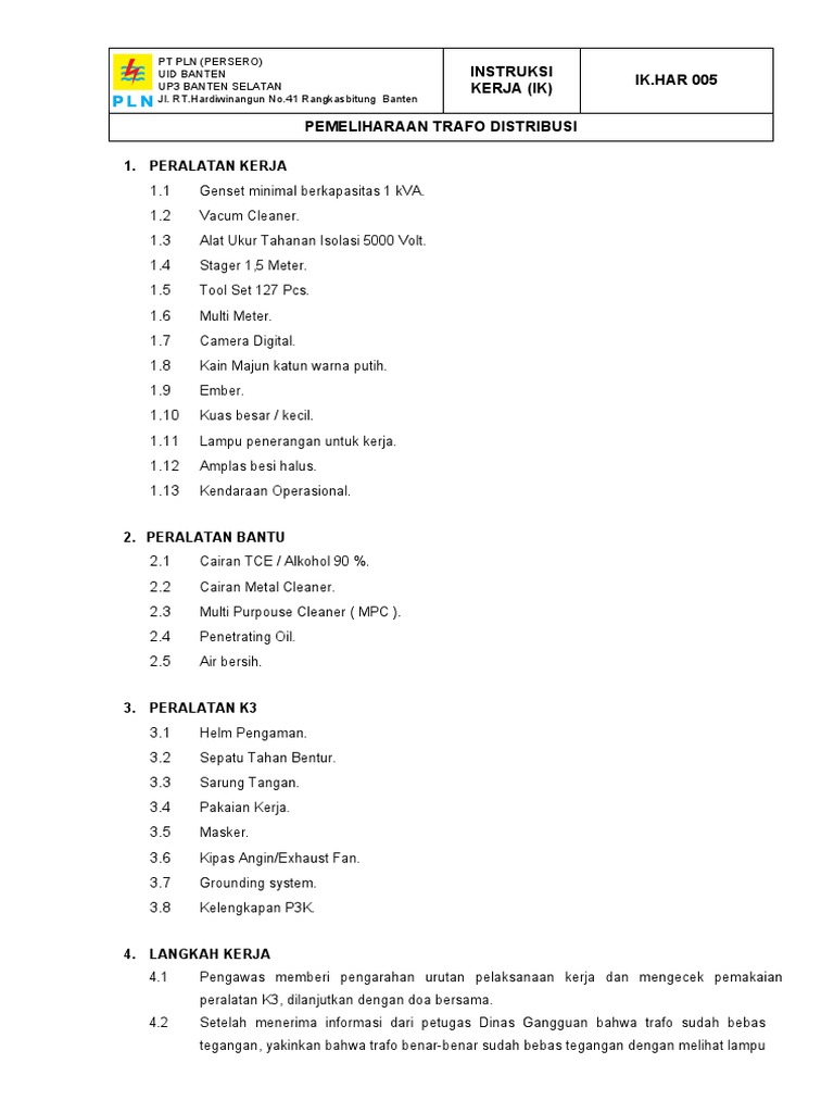 Ik - Har 005 - Pemeliharaan Trafo Distribusi | PDF