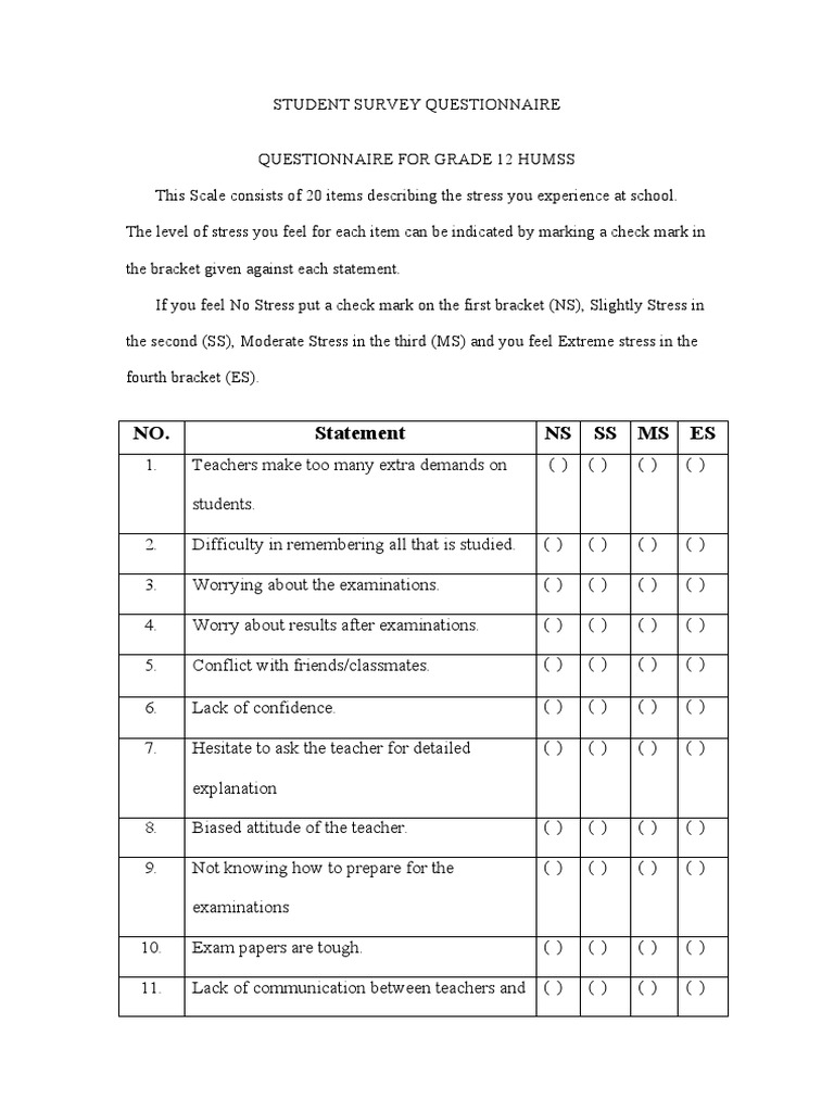 Survey Questionnaire About Effect of Stress On Academic Performance | PDF