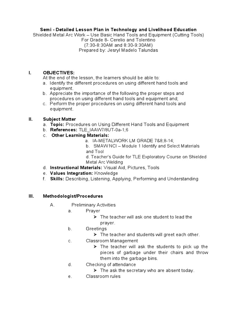 Semi - Detailed Lesson Plan in Procedures On Using Different Hand Tools ...