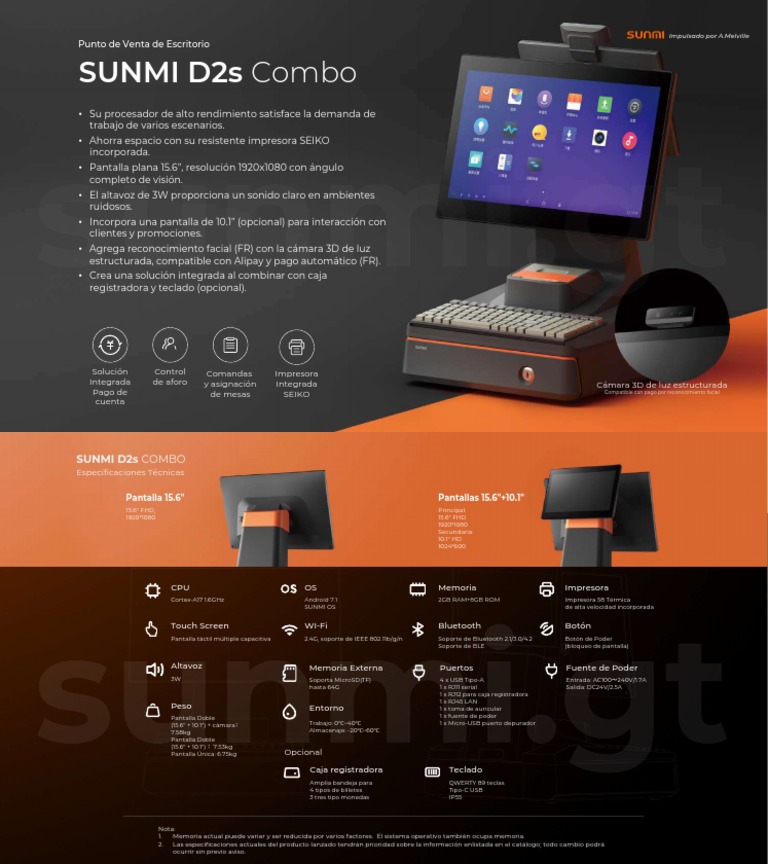 SUNMI D2s Combo: Punto de Venta de Escritorio | PDF | Pantalla táctil | USB