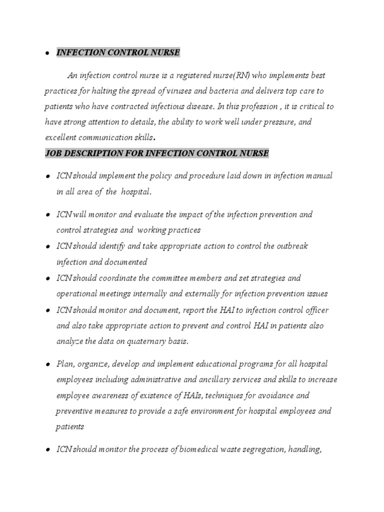 Job Descriptionof ICN | PDF | Infection | Hospital
