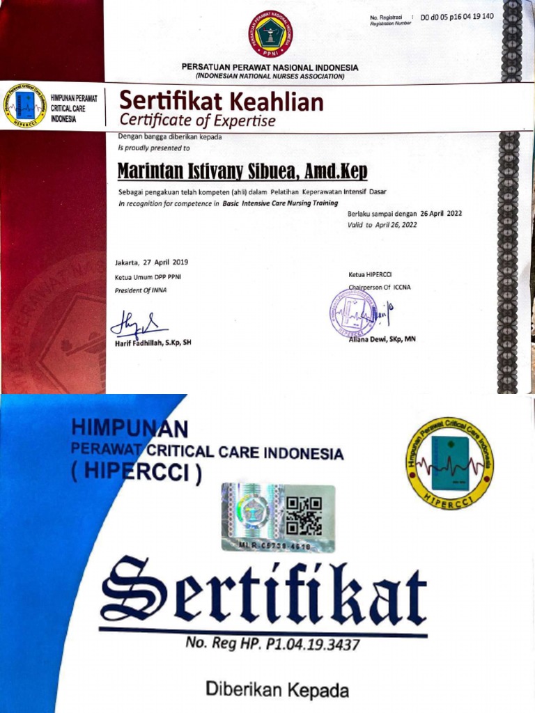 Sertifikat Keahlian: Marintan Istivany Sibuea, Amd - Kep | PDF