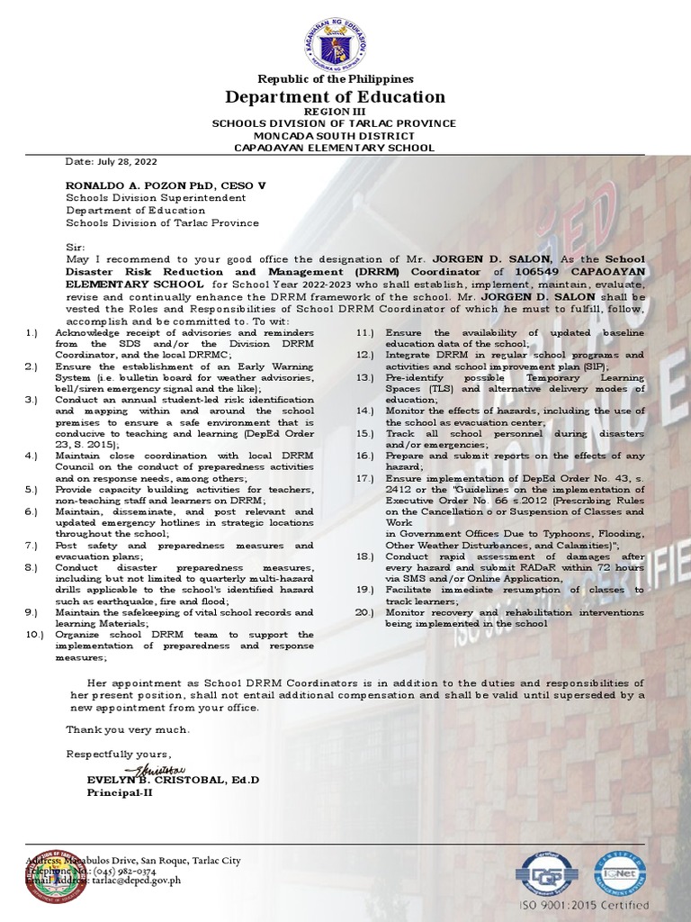 Recommedation Letter For SCHOOL DRRM | PDF | Emergency Management | Safety