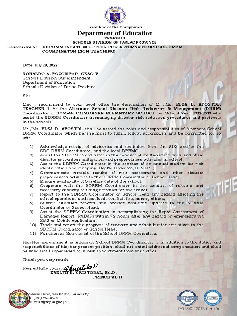 Recommedation Letter For SCHOOL DRRM ALTERNATE | PDF | Emergency Management | Risk Management