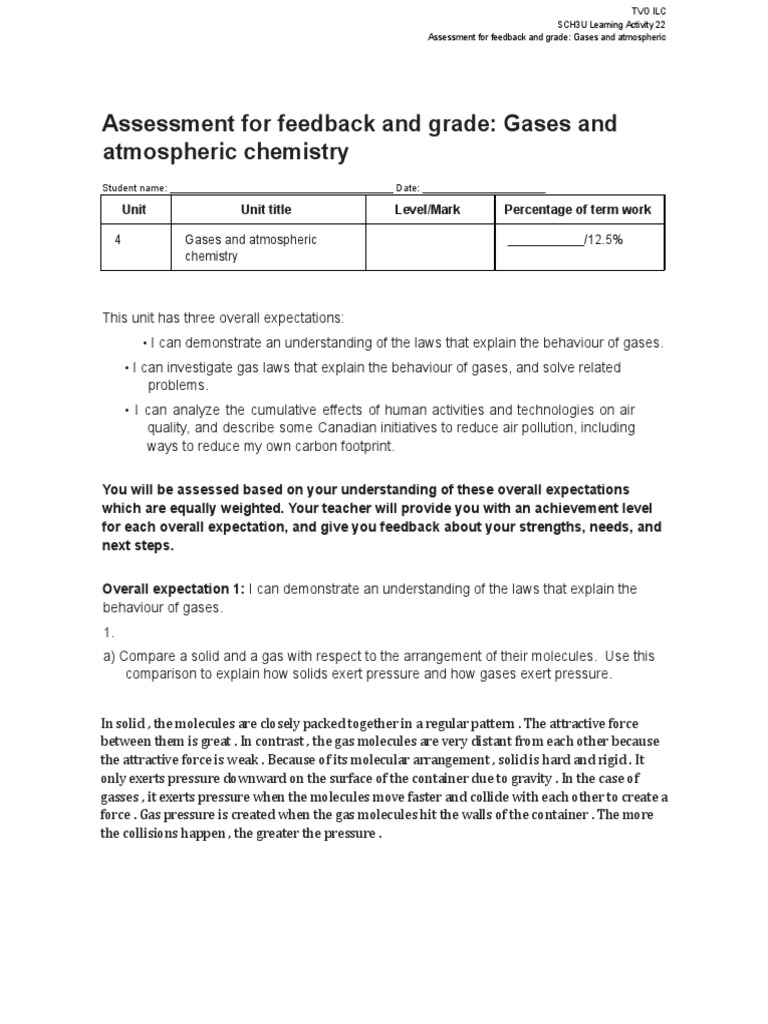 Sch3u 04 Assessment For Feedback A | PDF | Ozone Depletion | Gases