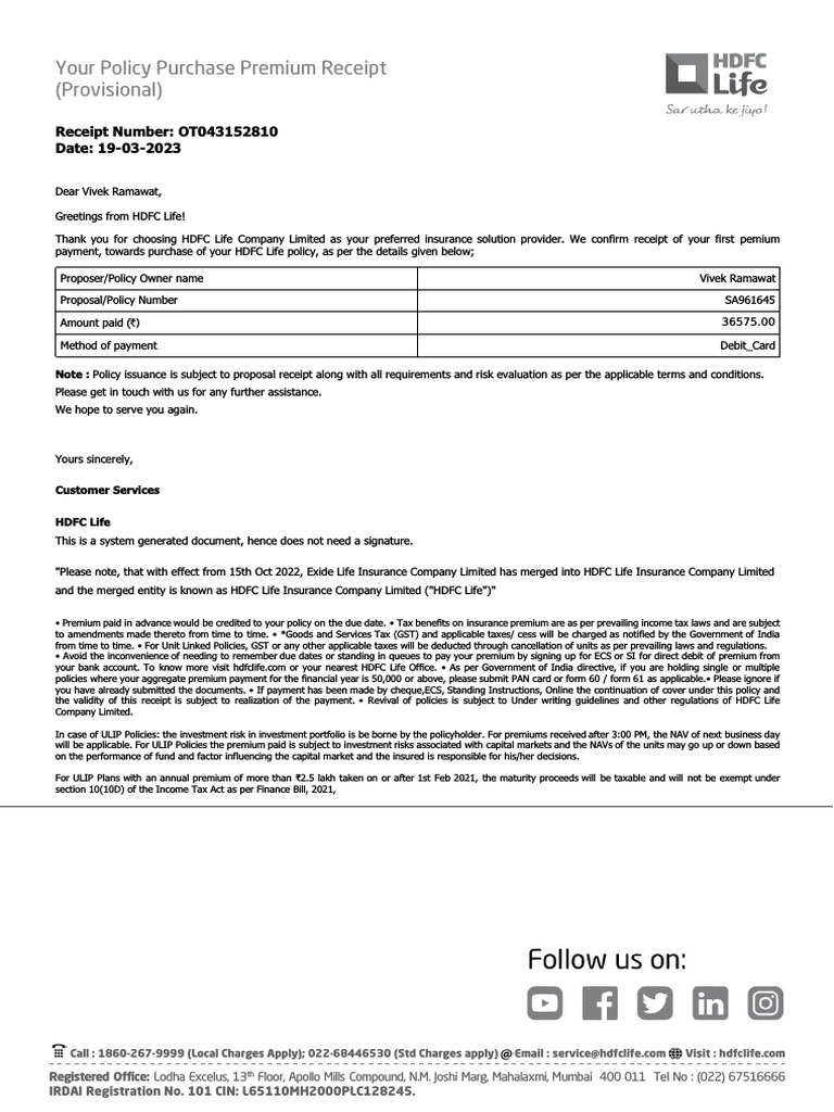 Your Policy Purchase Premium Receipt (Provisional) : Receipt Number ...