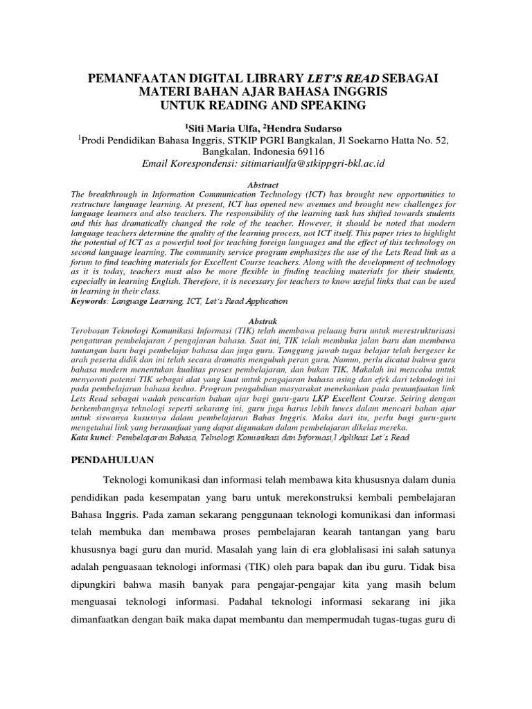 Pemanfaatan Digital Library Let'S Read Sebagai Materi Bahan Ajar Bahasa Inggris Untuk Reading ...
