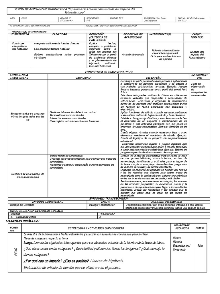 Sesion de Aprendizaje Diagnostica CCSS 3 | PDF | Aprendizaje | Cognición