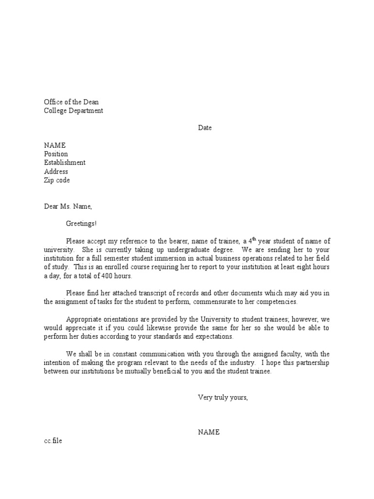 Endorsement Letter For Internship (Sample) | PDF
