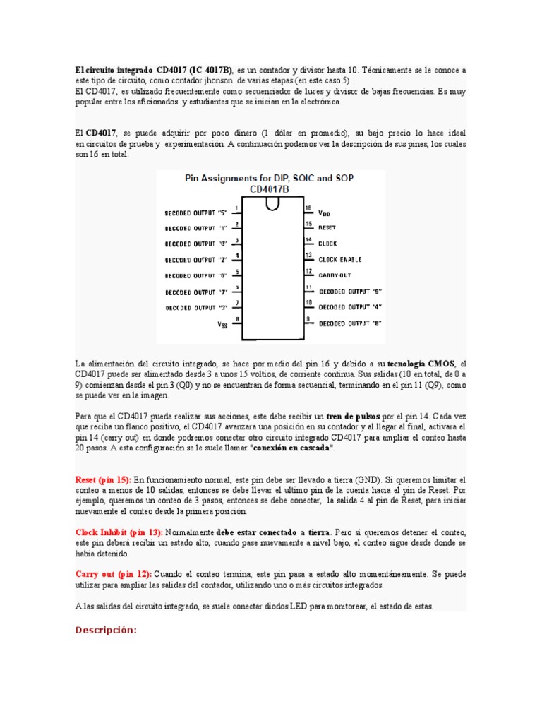 El Circuito Integrado CD4017 (IC 4017B), Es Un Contador y Divisor Hasta ...