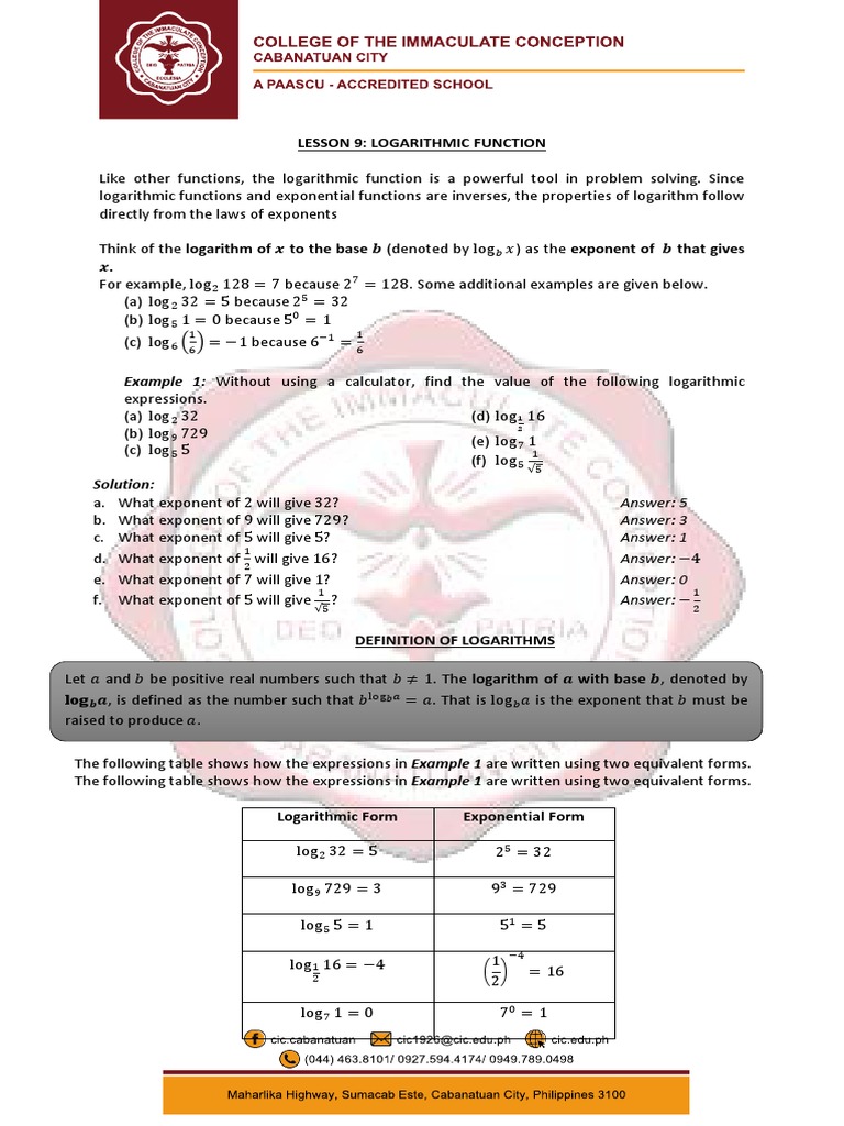 Lesson 9: Logarithmic Function | PDF | Exponentiation | Logarithm