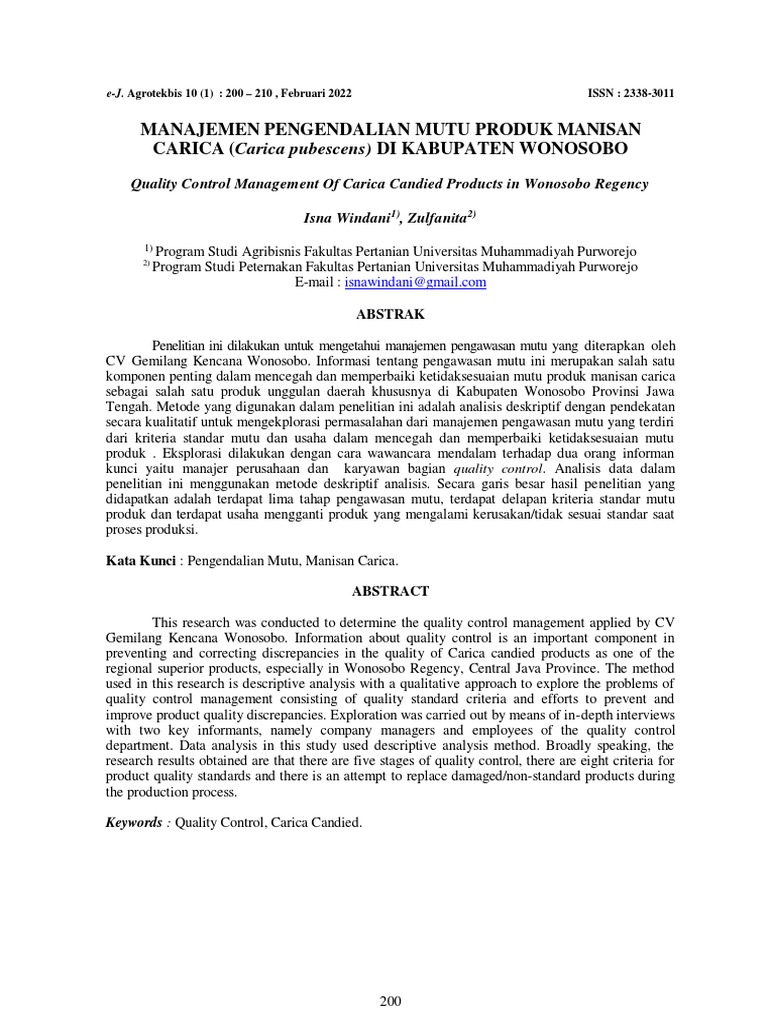 Manajemen Pengendalian Mutu Produk Manisan CARICA (Carica Pubescens) DI ...