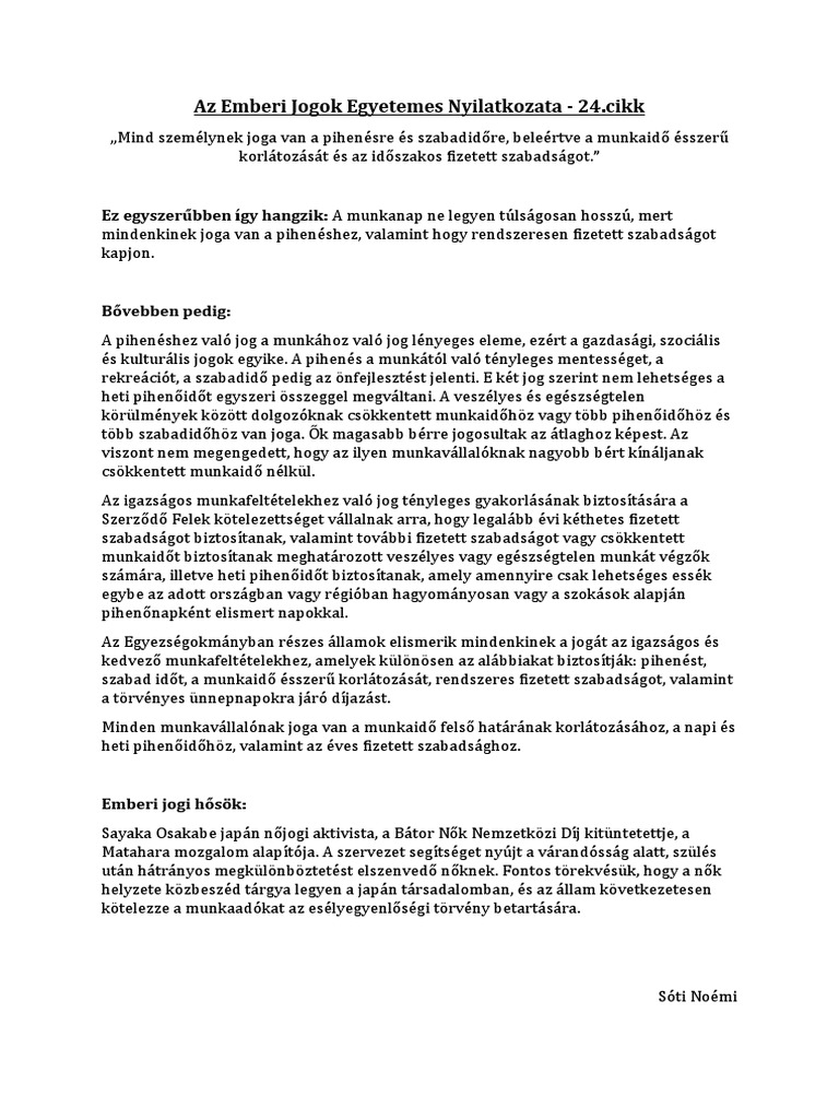 Az Emberi Jogok Egyetemes Nyilatkozata - 24.cikk | PDF