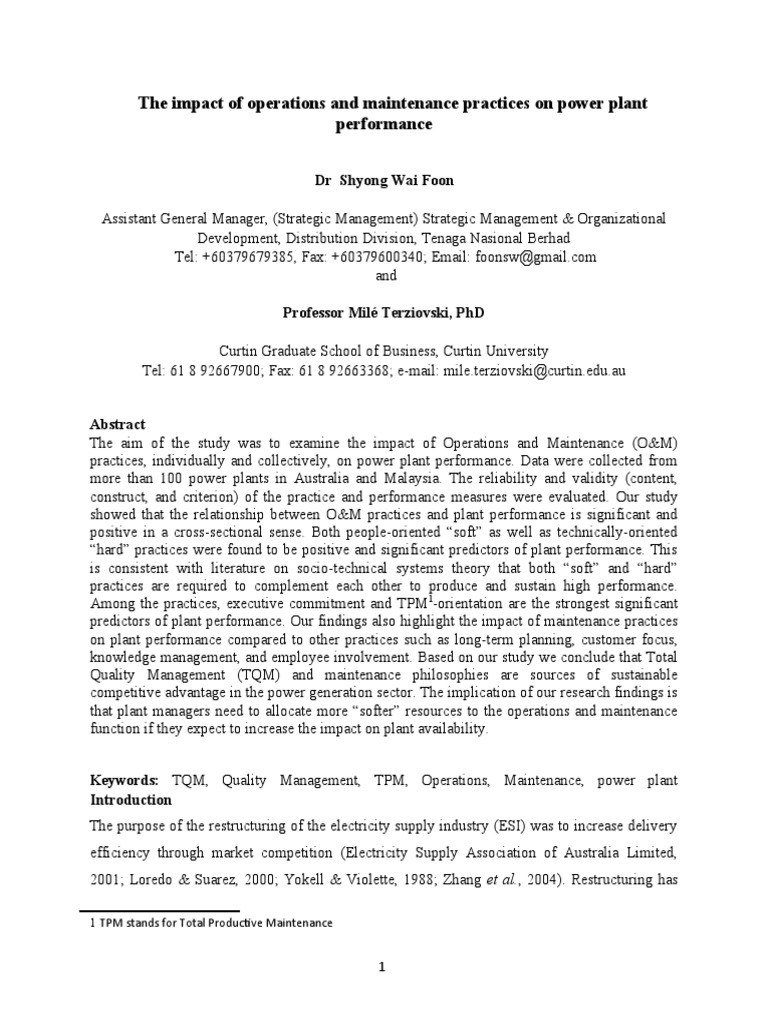 The Impact of Operations and Maintenance Practices On Power Plant Performance | Download Free ...