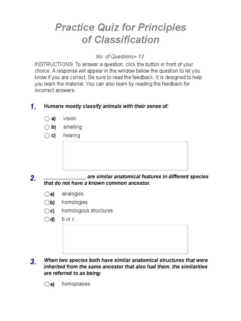 Practice Quiz For Principles of Classification of Living Things | PDF ...